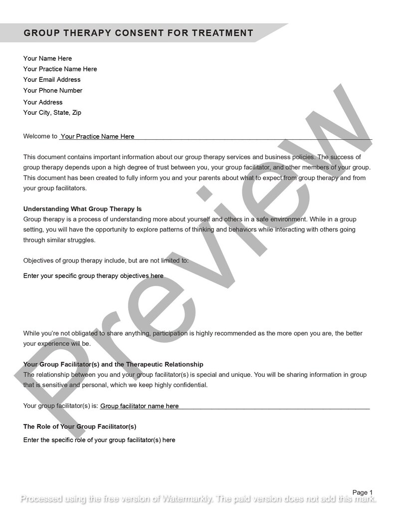 Group Therapy Consent Form | Editable / Fillable PDF Template | for ...