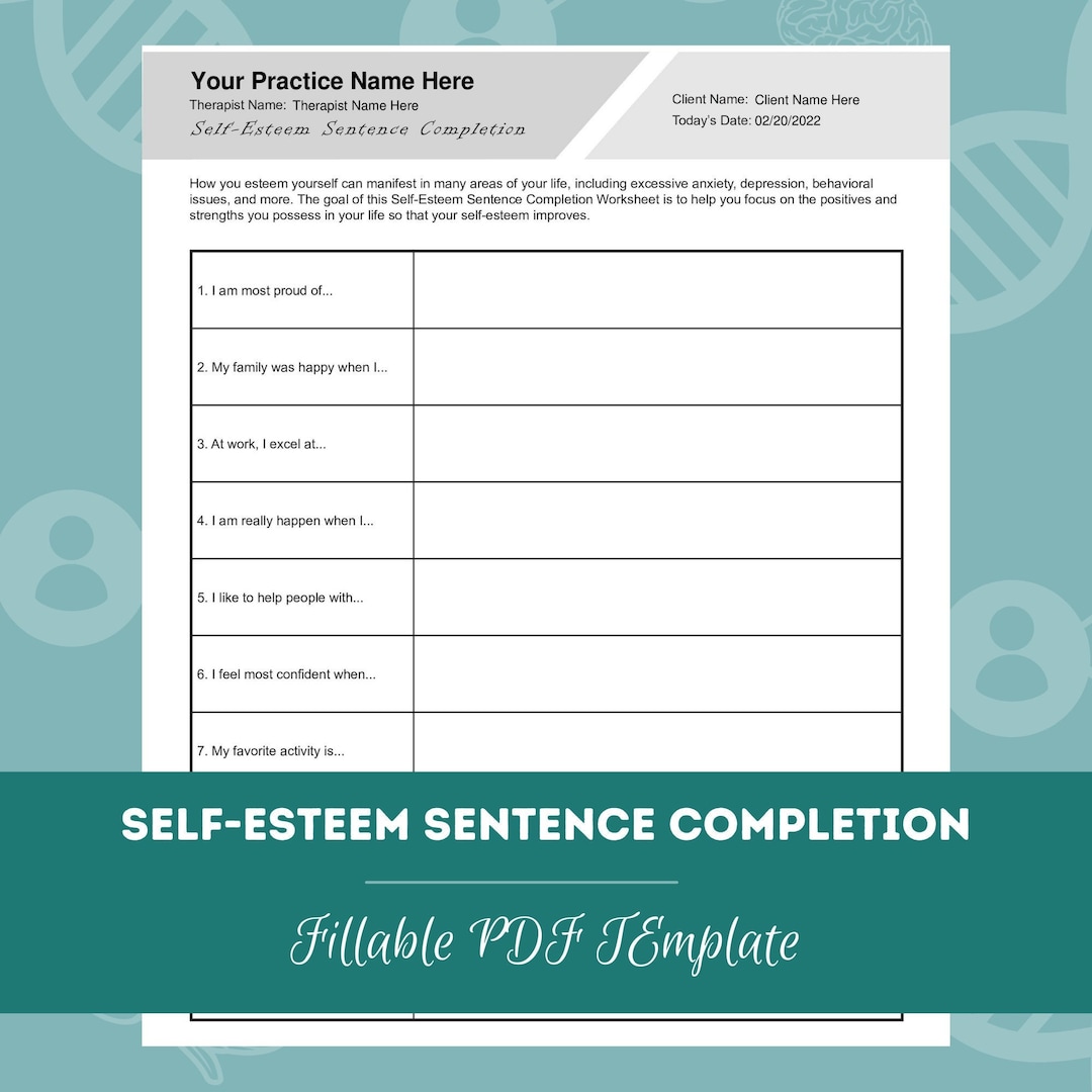 Self-esteem Sentence Completion Worksheet | Editable / Fillable PDF ...