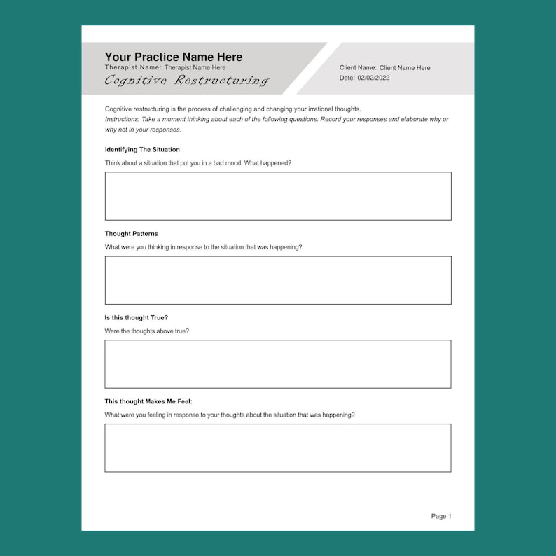 CBT: Cognitive Restructuring Worksheet Editable / Fillable PDF for ...