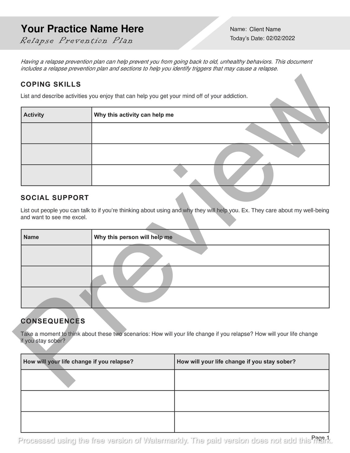 Relapse Prevention Plan Worksheet | Editable / Fillable PDF | for ...
