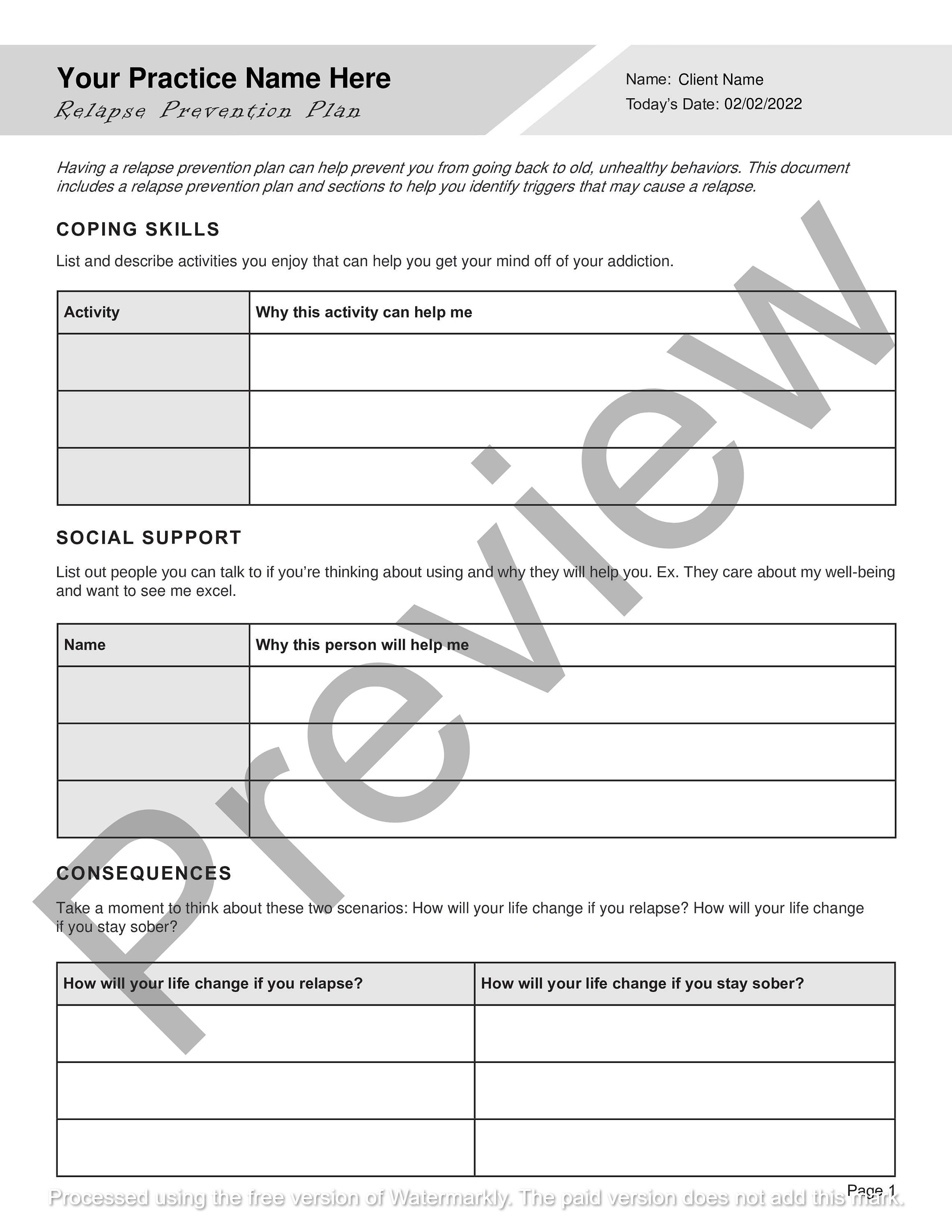 Relapse Prevention Plan Worksheet | Editable / Fillable PDF | for ...