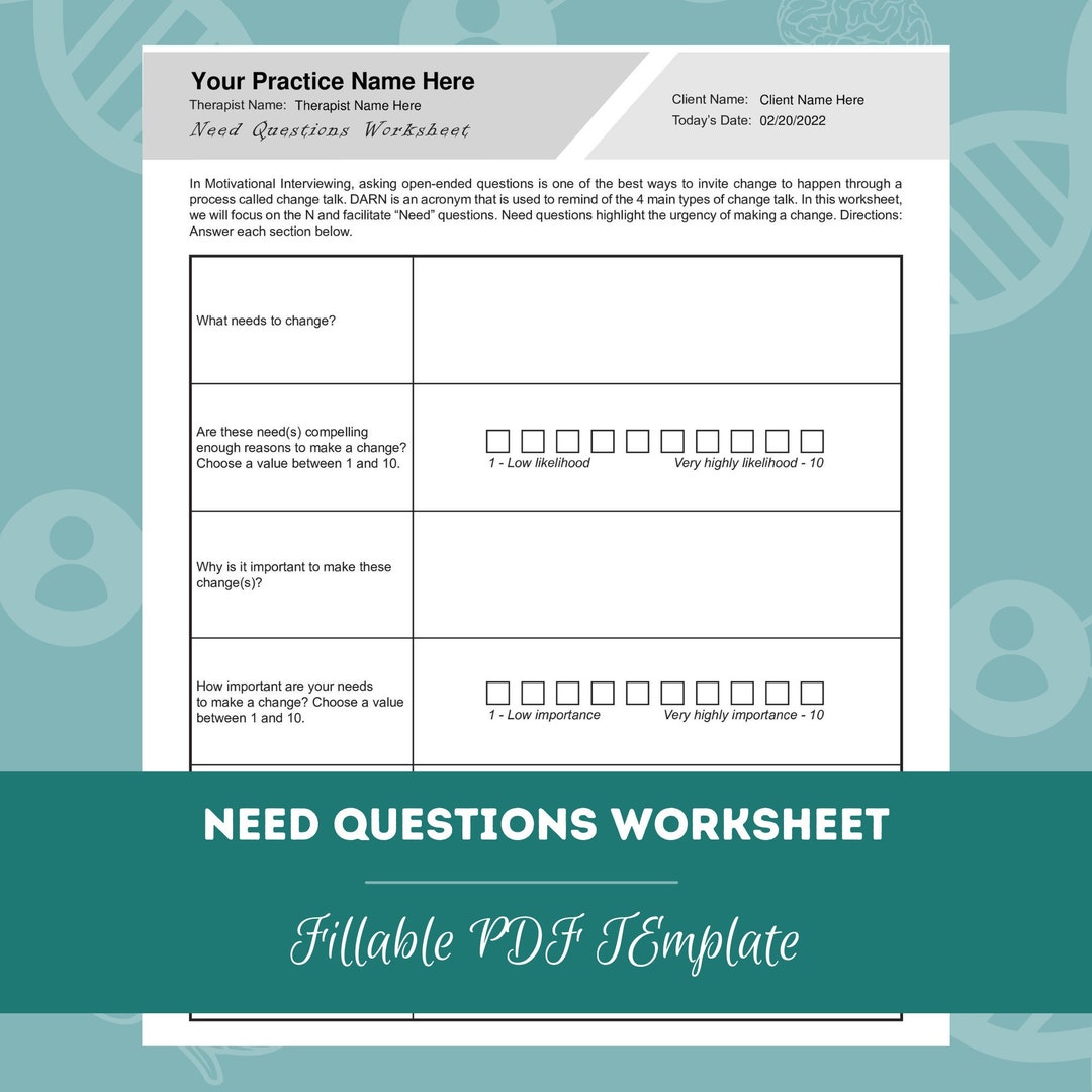 Motivational Interviewing Need Questions Worksheet | Editable ...