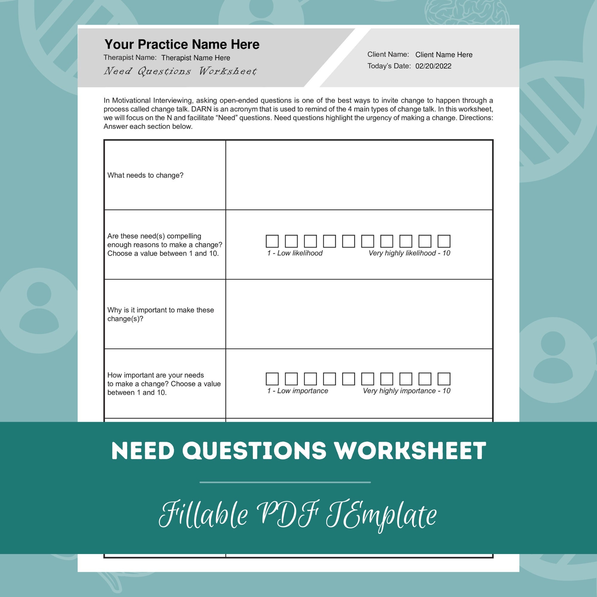 Motivational Interviewing Need Questions Worksheet | Editable ...