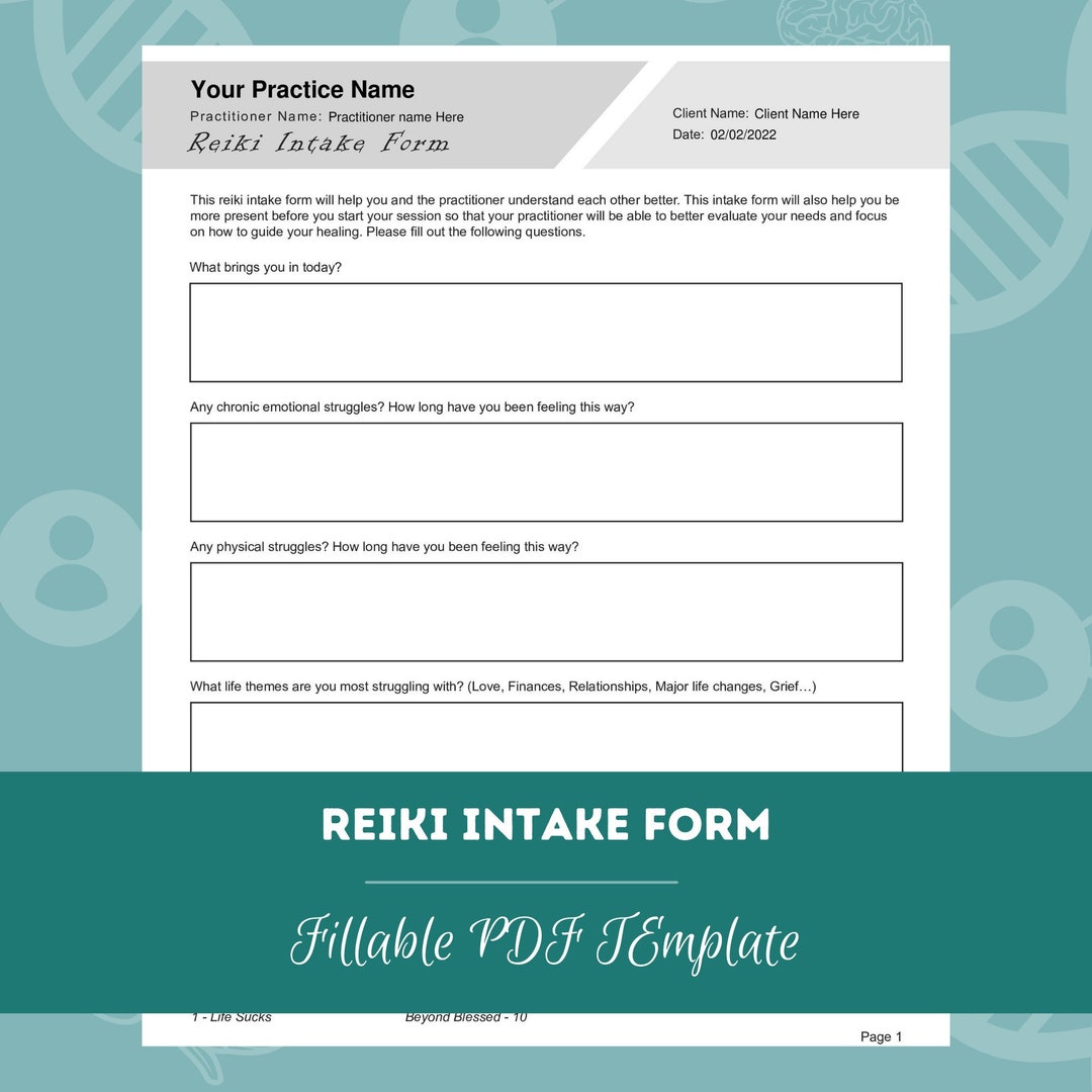 Reiki Intake Form Editable / Fillable PDF Template for Counselors ...
