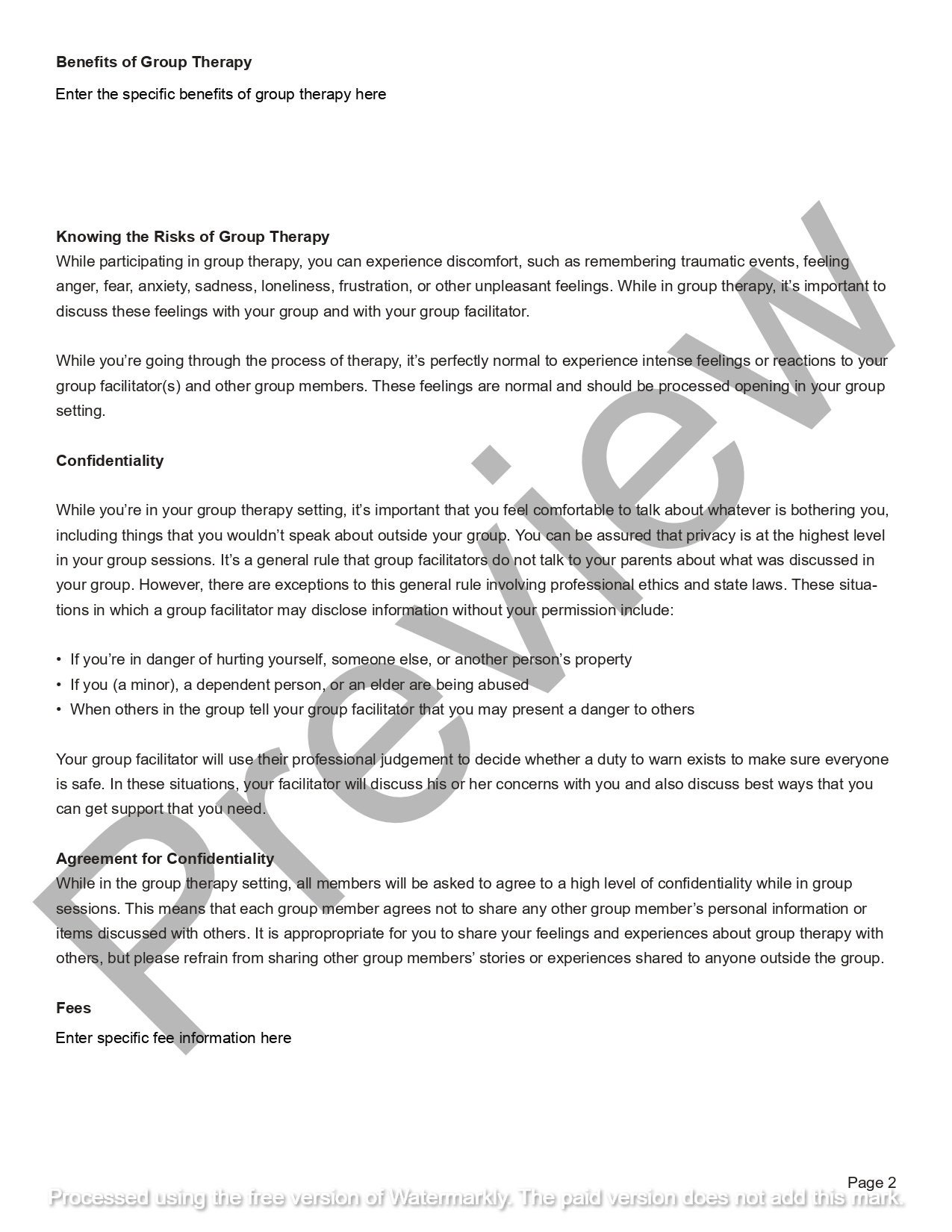 Group Therapy Consent Form | Editable / Fillable PDF Template | for ...