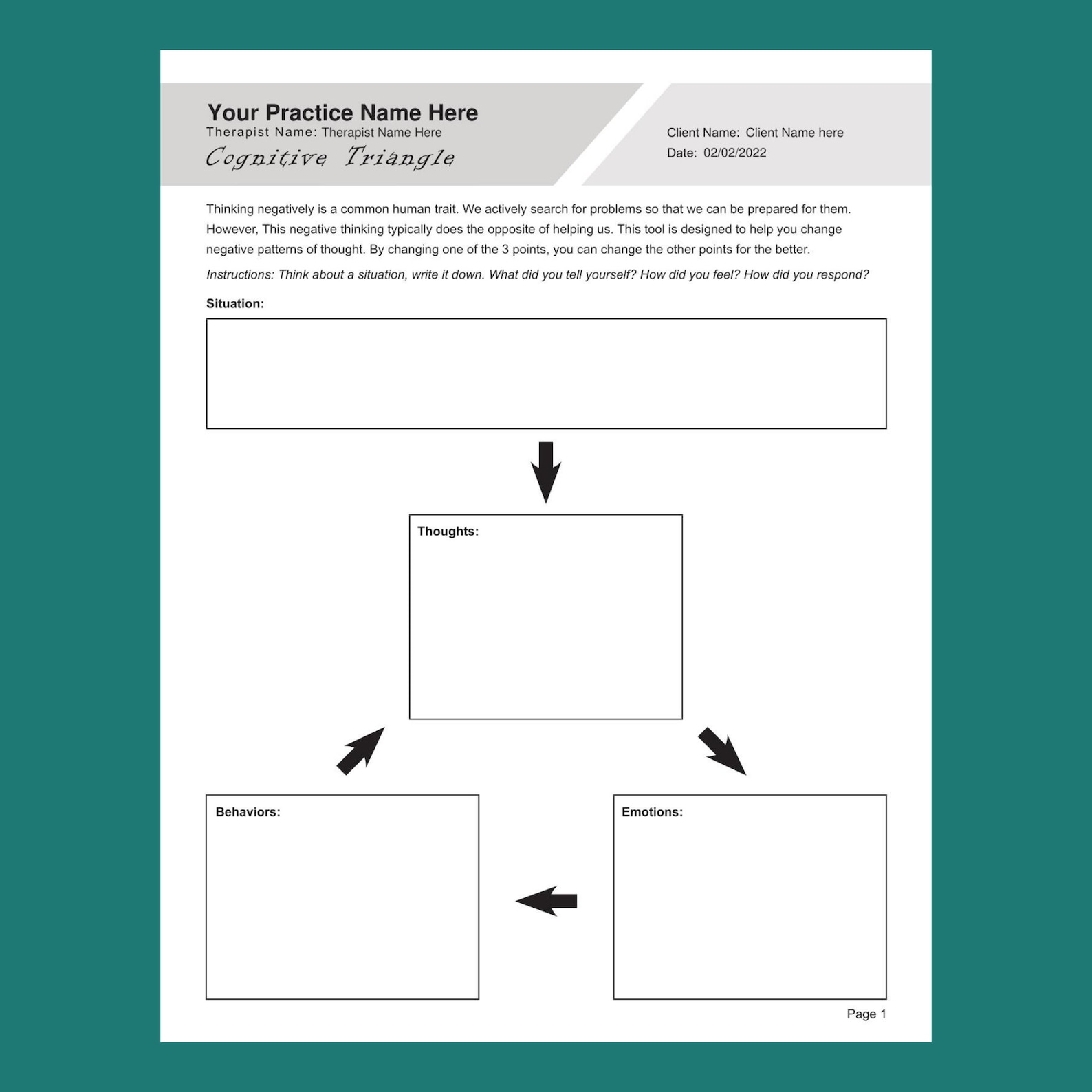 CBT: Cognitive Triangle Worksheet | Editable / Fillable PDF | for ...