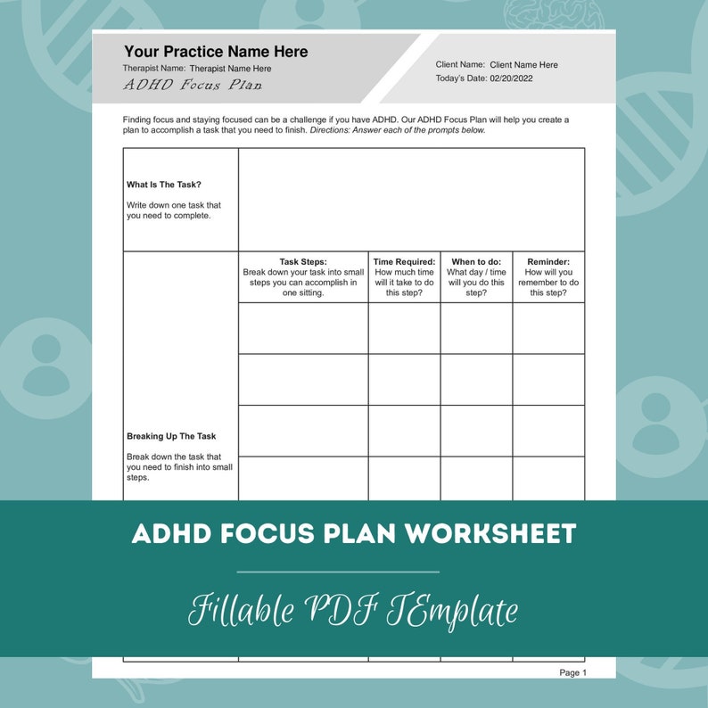 ADHD Focus Plan Worksheet | Editable / Fillable PDF | for Counselors ...