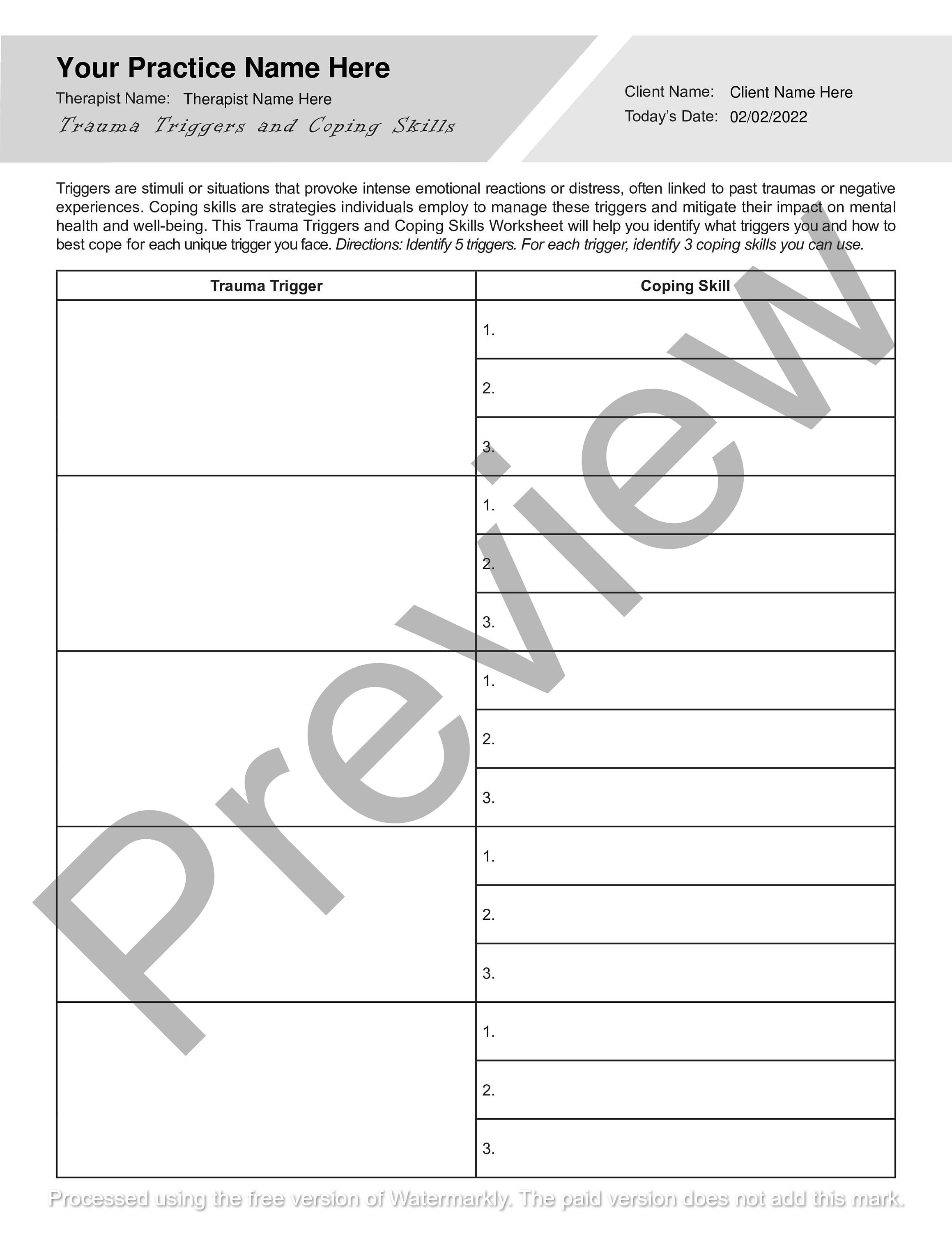 Trauma Triggers and Coping Skills Worksheet | Editable / Fillable PDF ...