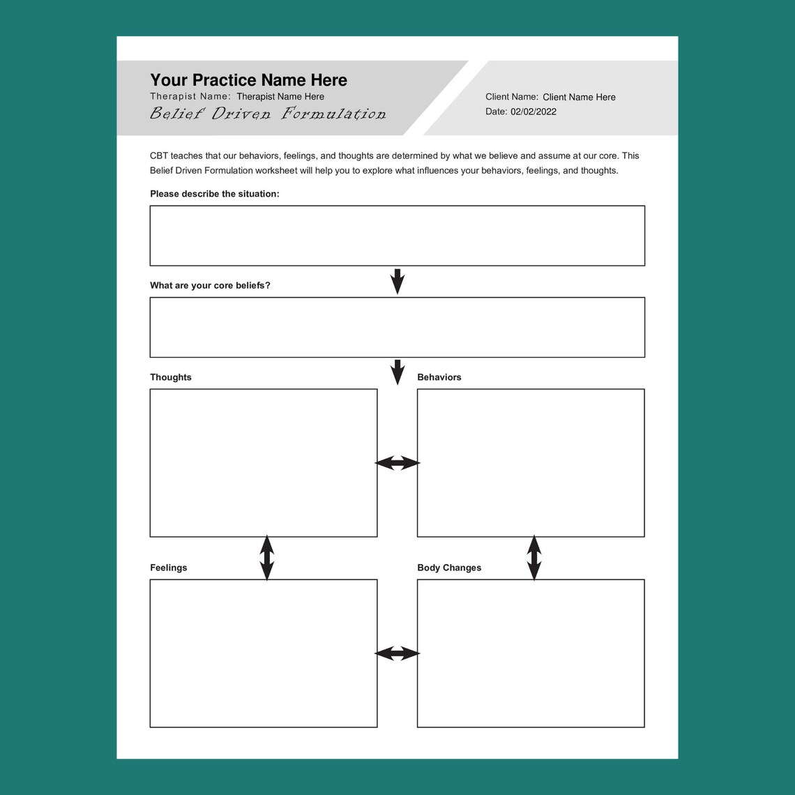 CBT: Belief Driven Formulation Worksheet Editable / Fillable | Etsy