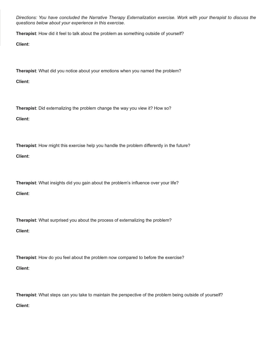 Narrative Therapy Externalization Technique Script Worksheet | Fillable ...