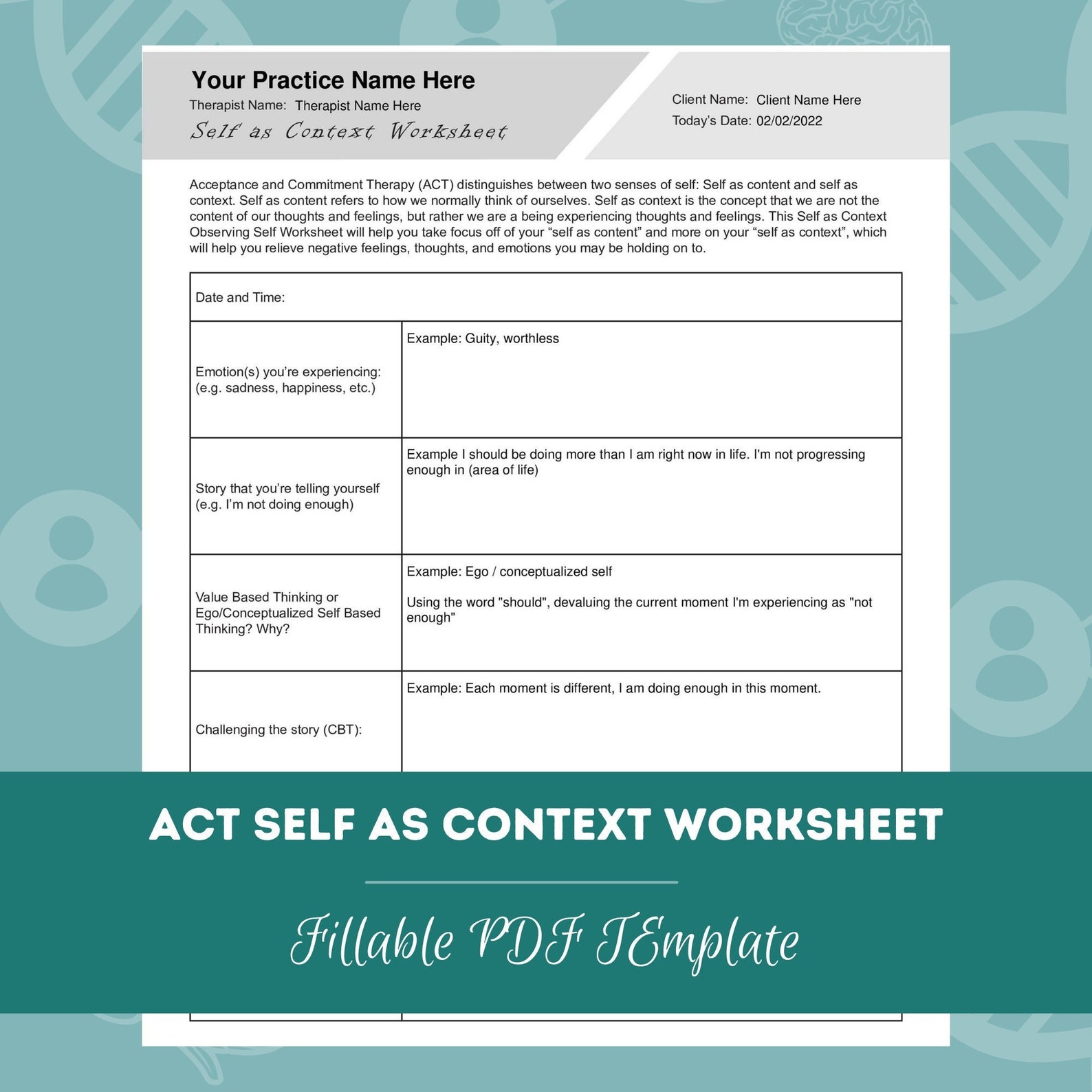 ACT Self as Context Worksheet | Editable / Fillable PDF | for ...