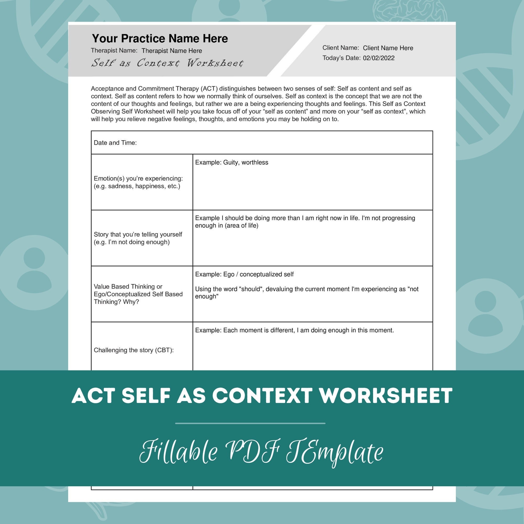 ACT Self as Context Worksheet | Editable / Fillable PDF | for ...