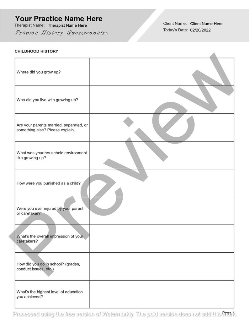 Trauma History Questionnaire | Editable / Fillable PDF | for Counselors ...