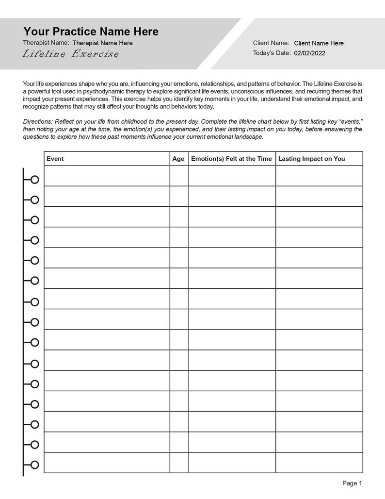Psychodynamic Therapy Lifeline Worksheet | Fillable PDF | for ...