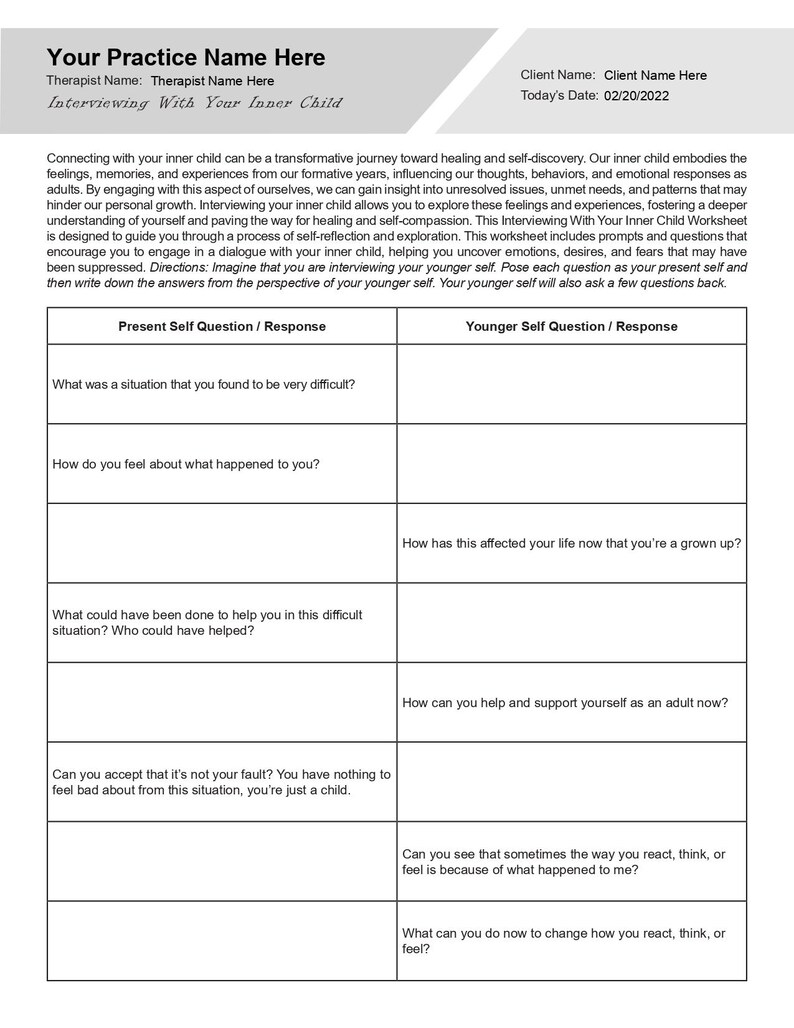 Interviewing With Your Inner Child Worksheet (fillable, Printable PDF ...