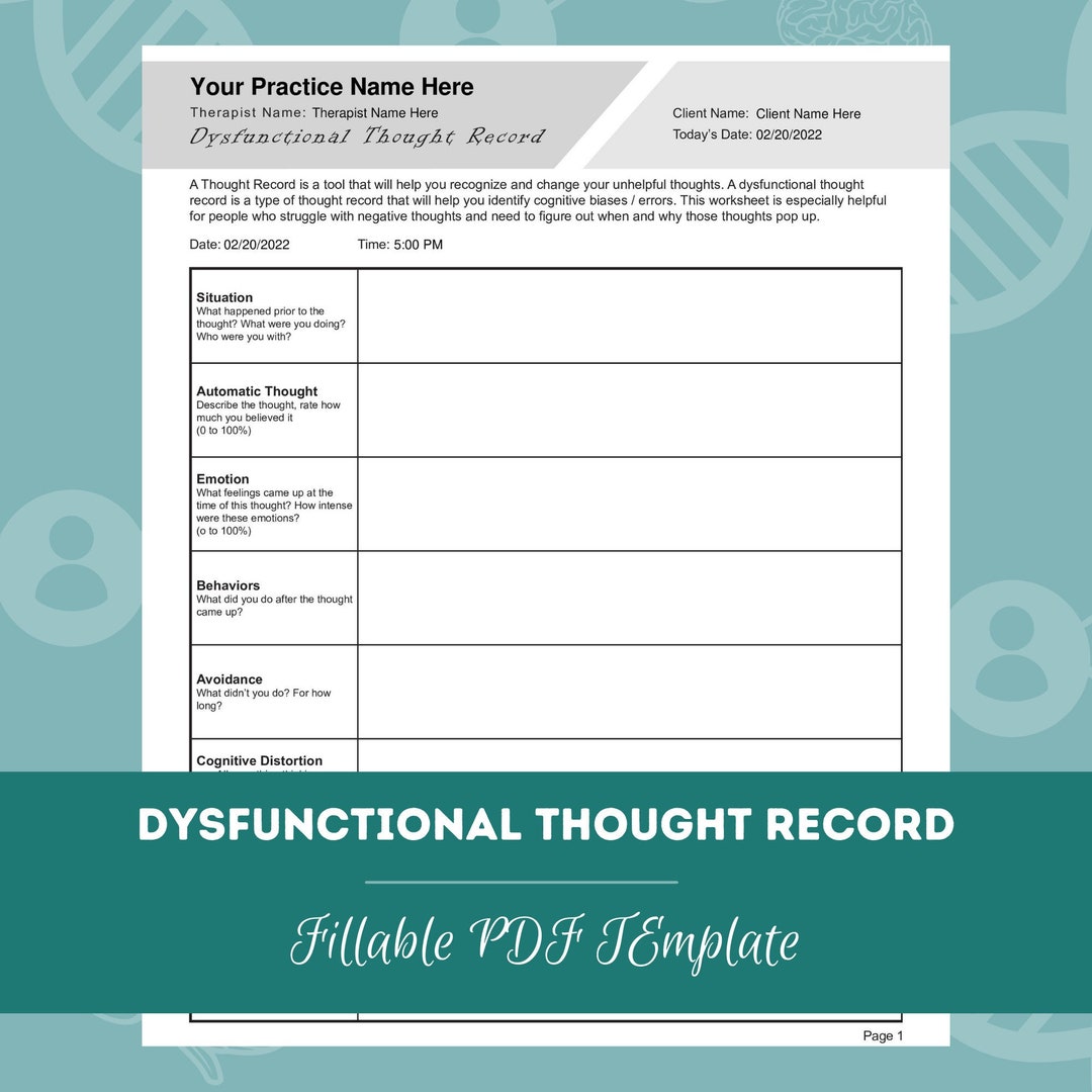 Dysfunctional Thought Record Editable / Fillable PDF Template for ...