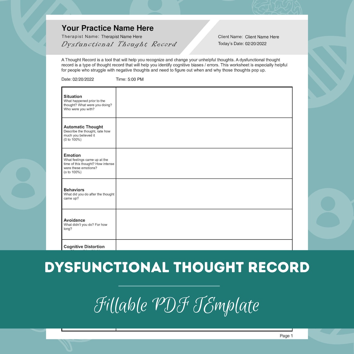 Dysfunctional Thought Record | Editable / Fillable PDF Template | for ...