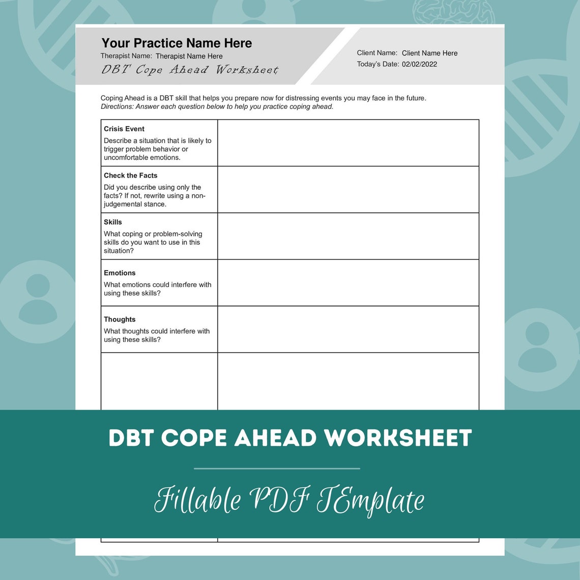 DBT Cope Ahead Worksheet | Editable / Fillable PDF Template | for ...