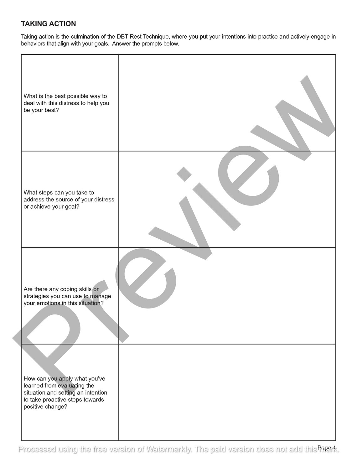 DBT REST Technique Worksheet Fillable PDF for Counselors, Psychologists ...