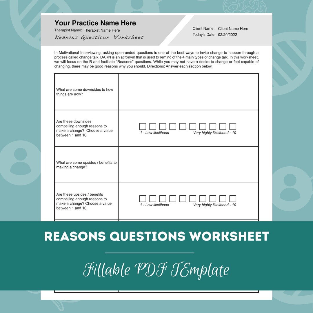 Motivational Interviewing Reasons Questions Worksheet | Editable ...