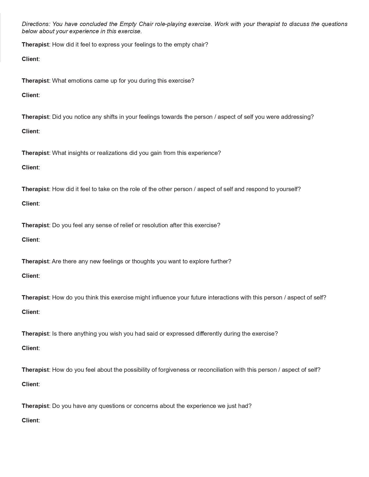 Gestalt Therapy “empty Chair” Exercise Role-playing Script Worksheet ...