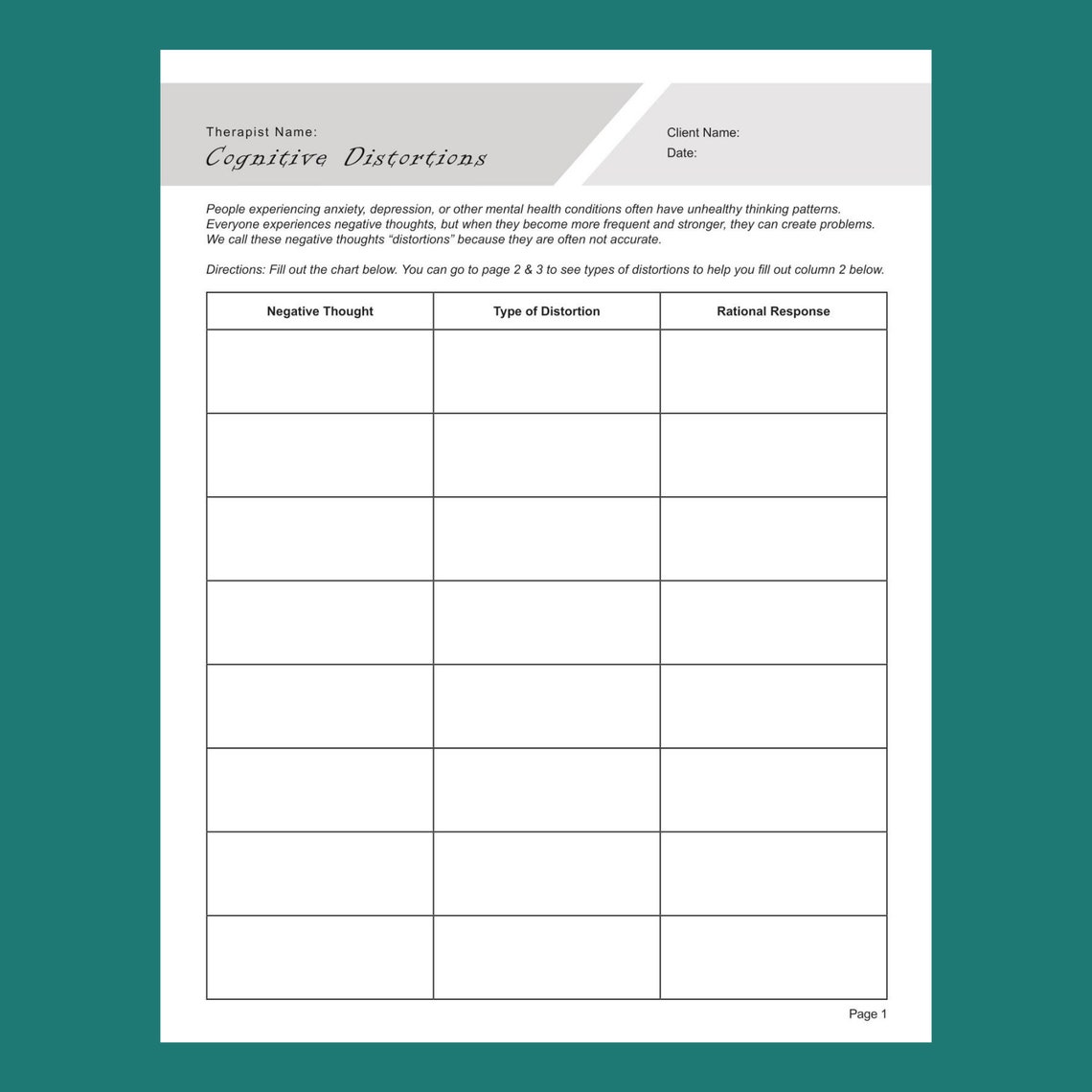 CBT: Cognitive Distortions Worksheet | Editable / Fillable PDF | for ...