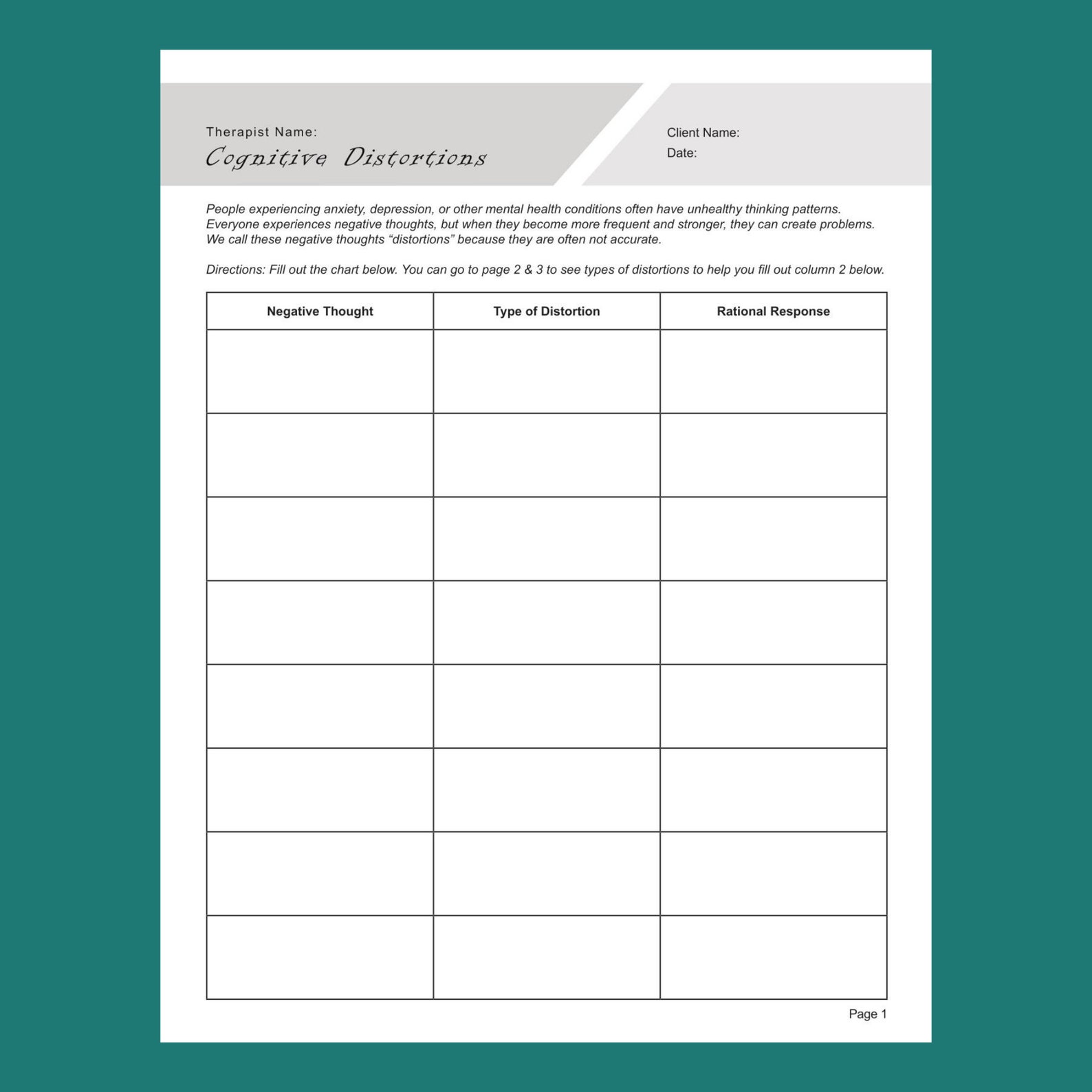 CBT: Cognitive Distortions Worksheet | Editable / Fillable PDF | for ...