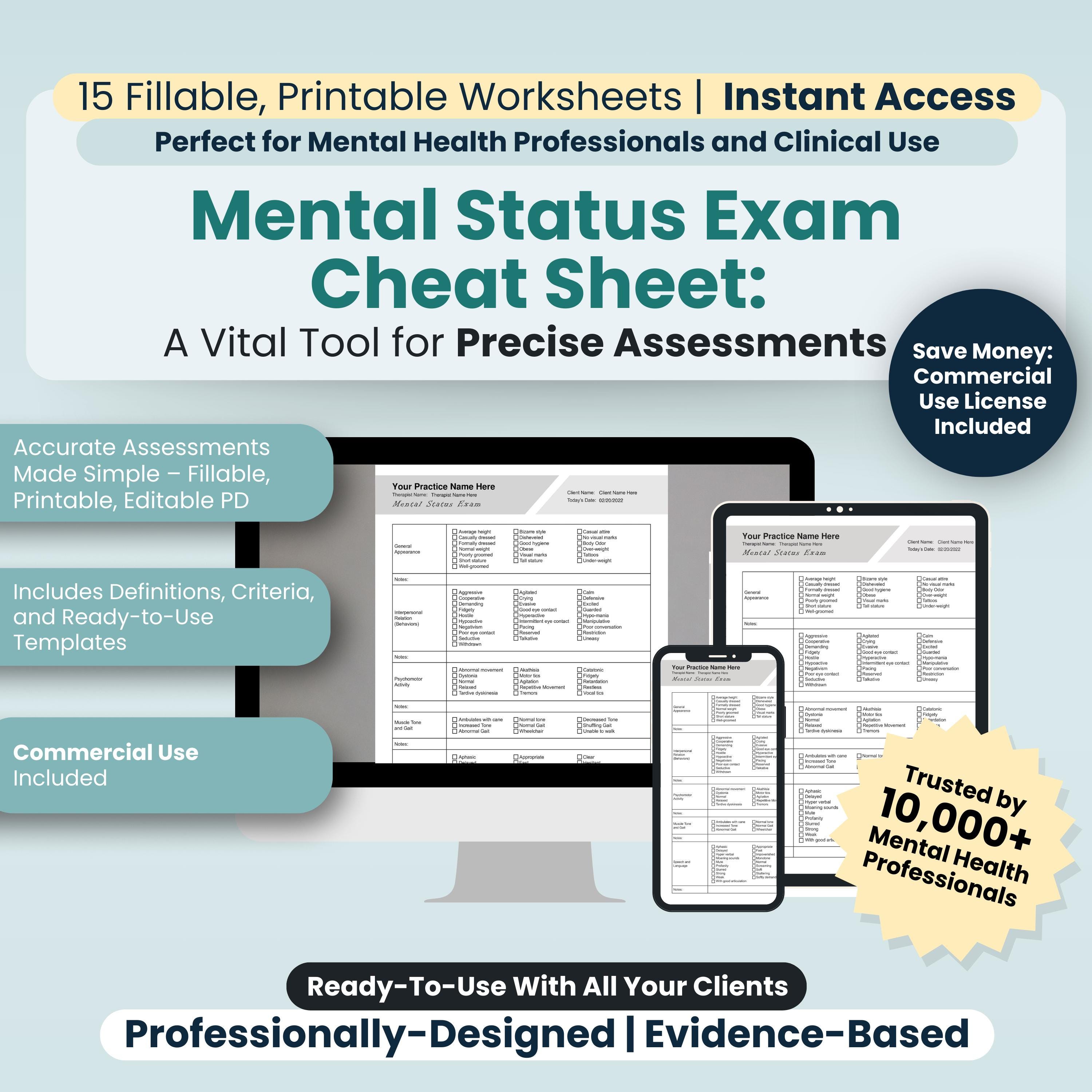 Mental Status Exam Cheat Sheet, MSE Cheat Sheet, Fillable/printable PDF ...