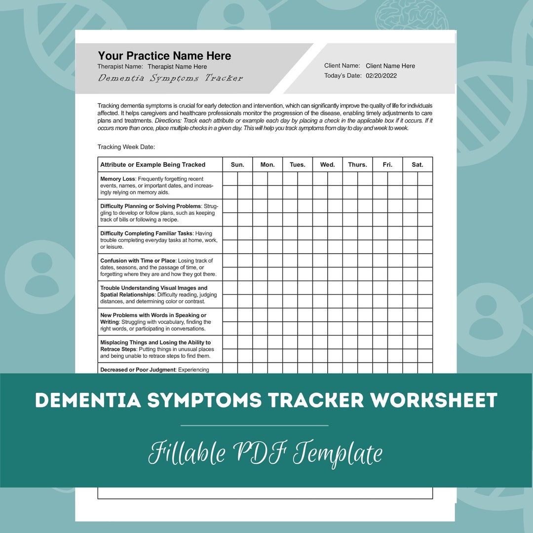 Alzheimer's / Dementia Symptoms Tracker Worksheet | Fillable PDF | for ...
