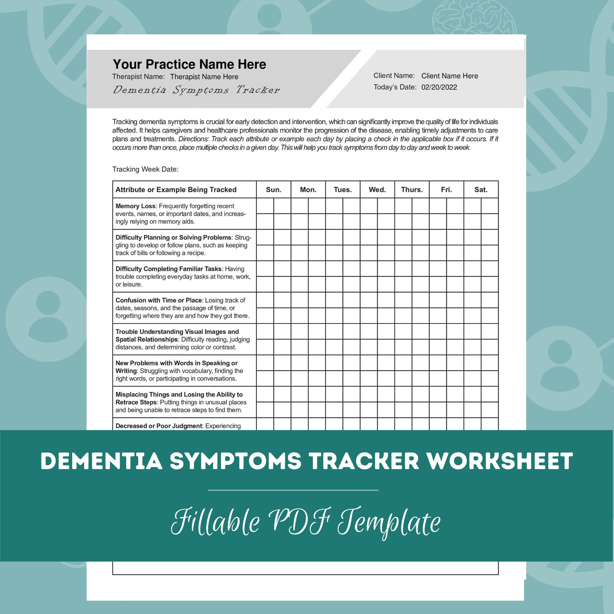Alzheimer's / Dementia Symptoms Tracker Worksheet | Fillable PDF | for ...