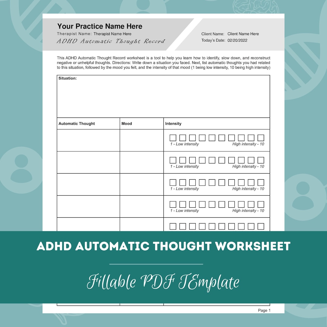 ADHD Automatic Thought Worksheet | Editable / Fillable PDF | for ...