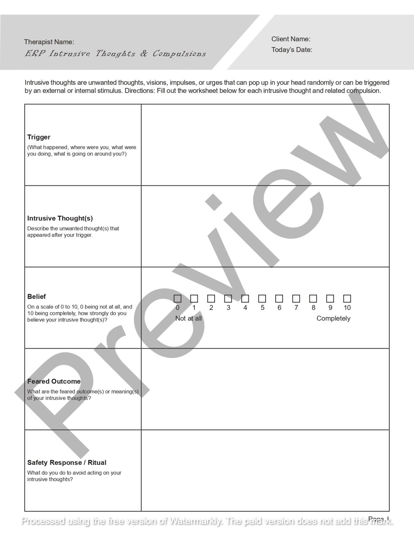 ERP Intrusive Thoughts and Compulsions Worksheet Editable / Fillable ...