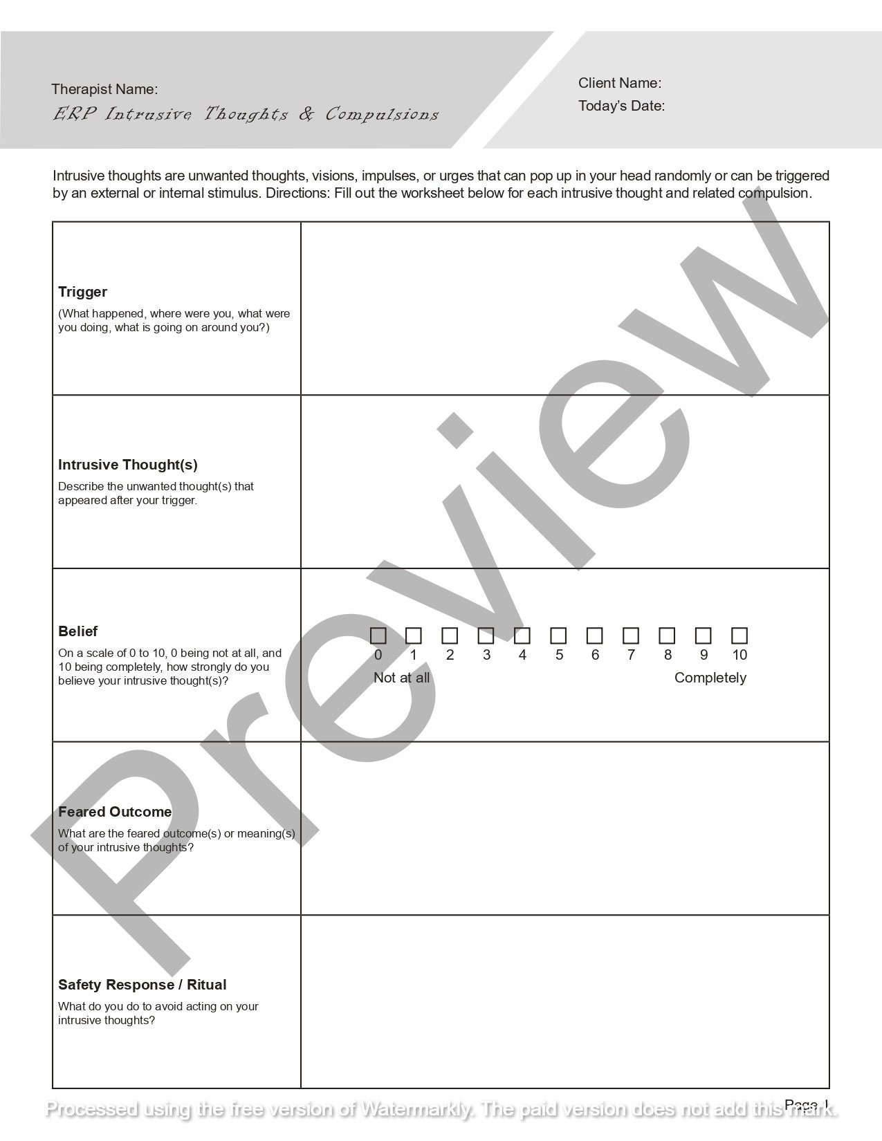 ERP Intrusive Thoughts and Compulsions Worksheet | Editable / Fillable ...