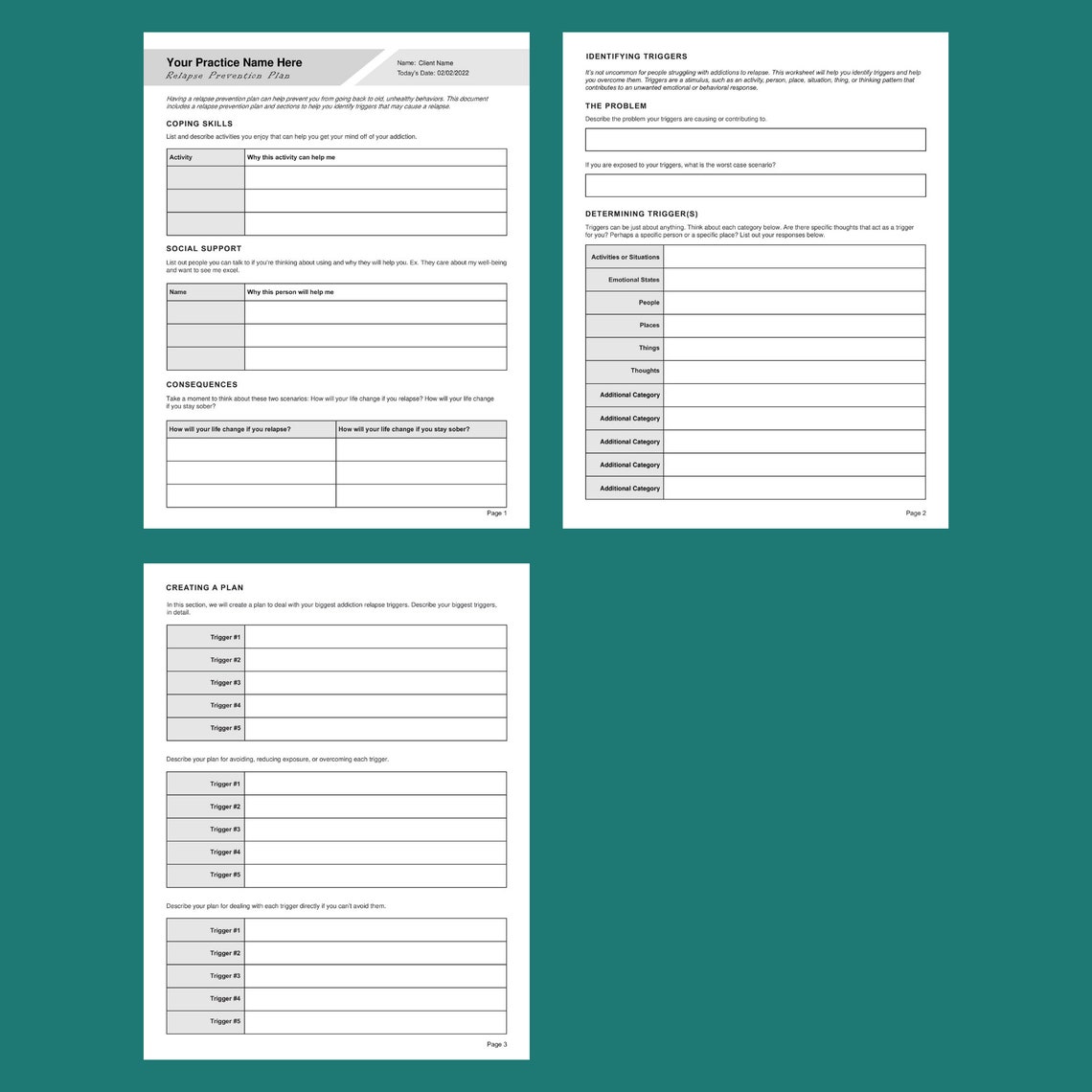 Relapse Prevention Plan Worksheet Editable / Fillable PDF for ...