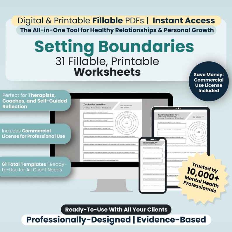 Setting Boundaries Worksheets Bundle | Fillable / Printable PDF | Counselors, Psychologists ...