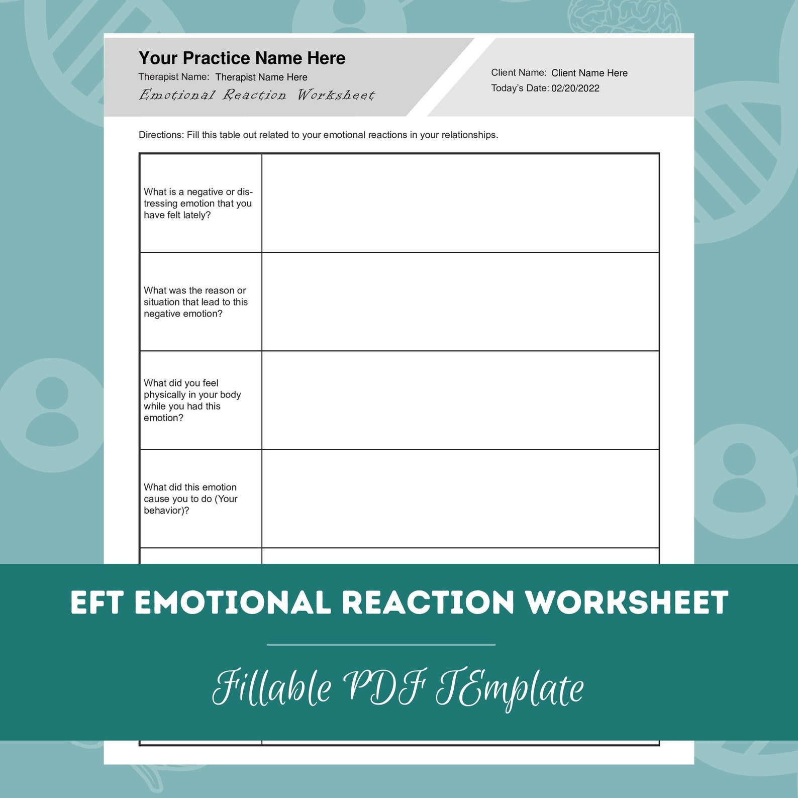 EFT Emotional Reaction Worksheet | Editable / Fillable PDF Template ...