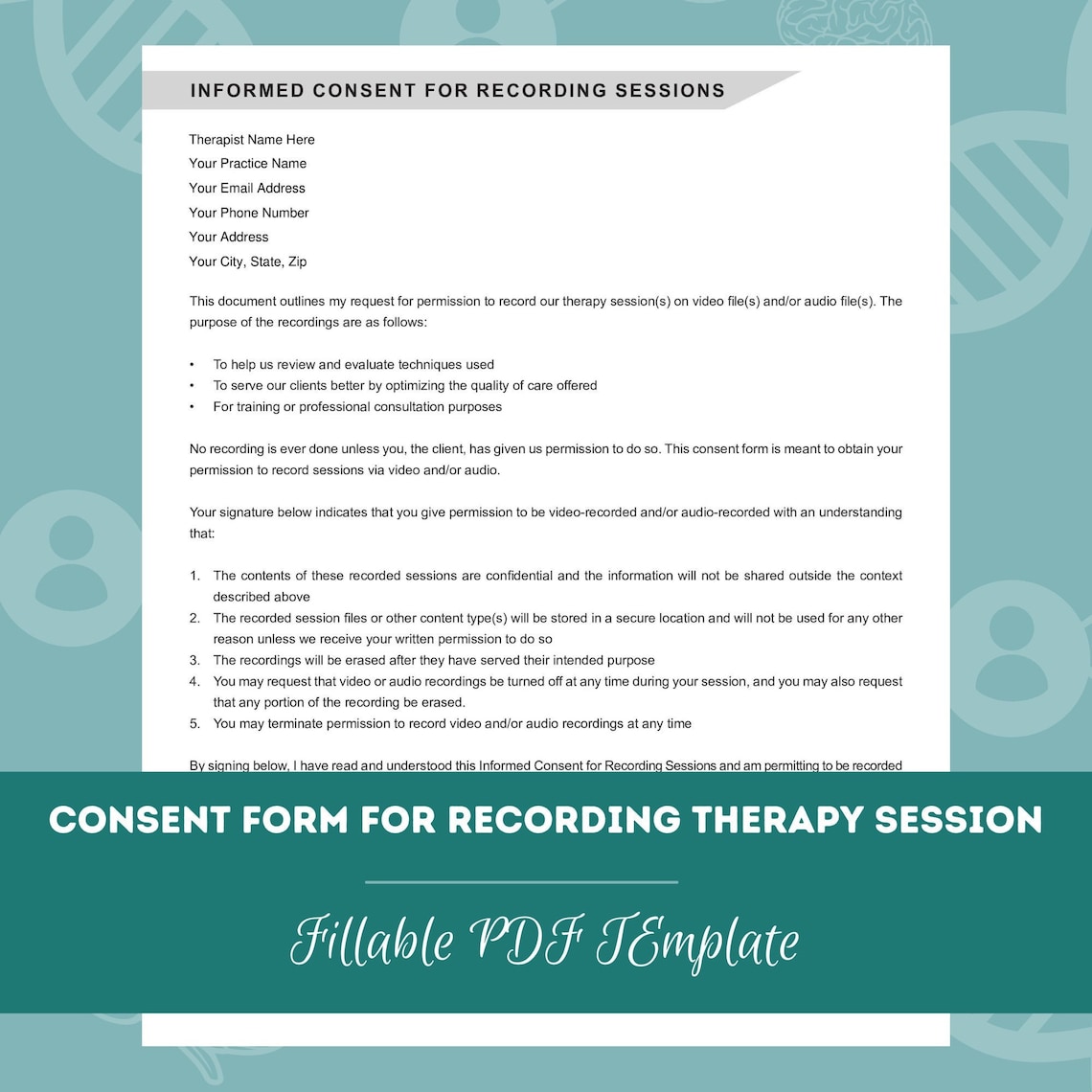 Consent Form for Recording Therapy Session | Editable / Fillable PDF ...