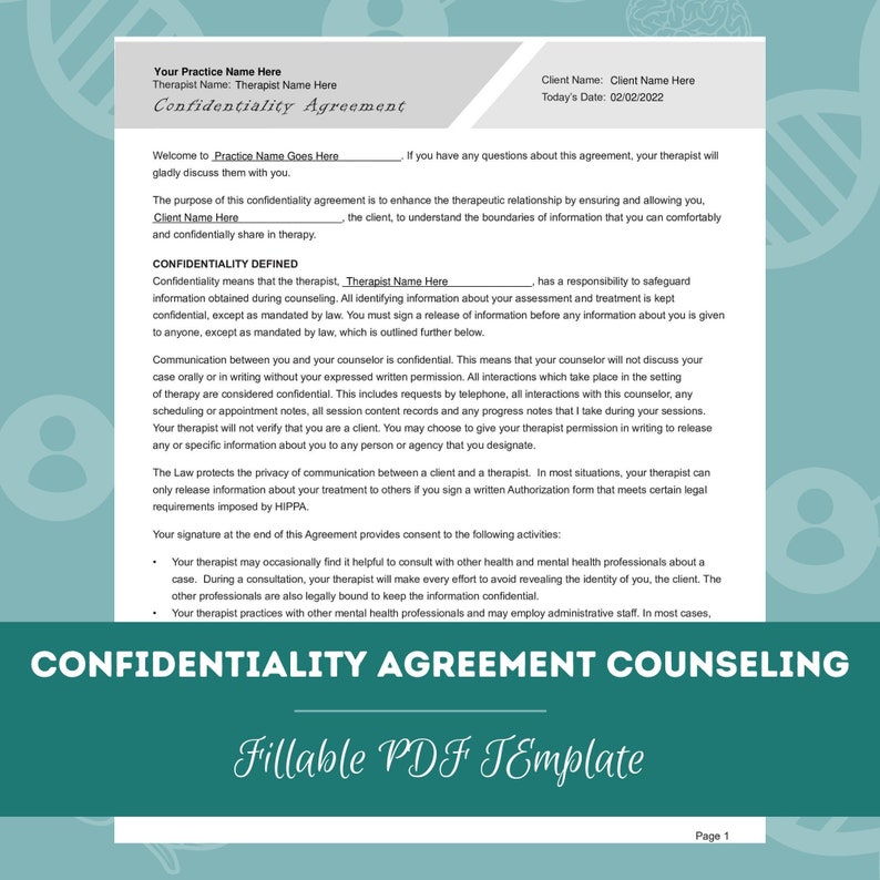Confidentiality Agreement for Counseling | Editable / Fillable PDF ...