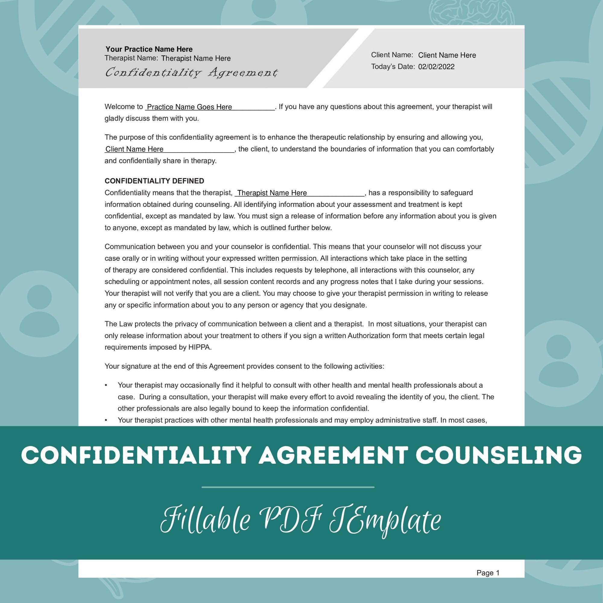 Confidentiality Agreement for Counseling | Editable / Fillable PDF ...