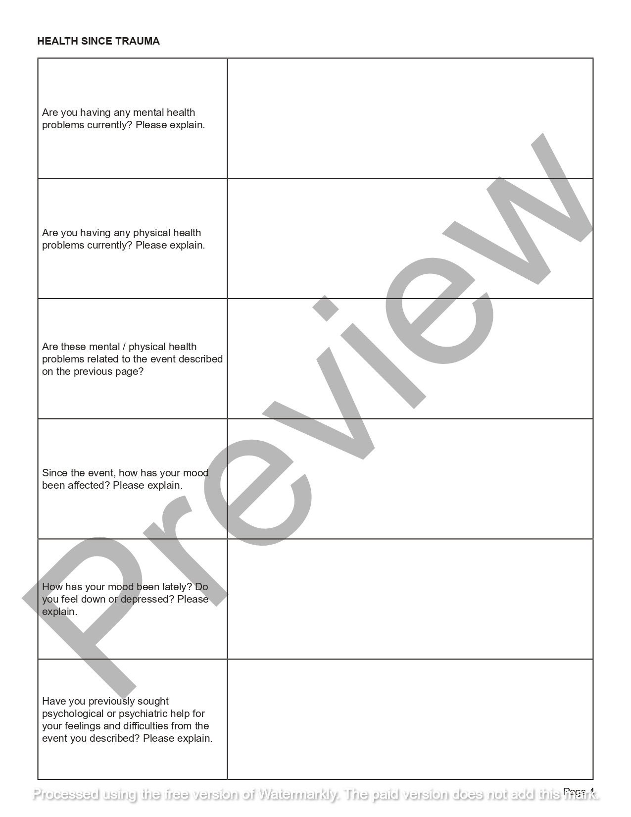 Trauma History Questionnaire Editable / Fillable PDF for Counselors ...