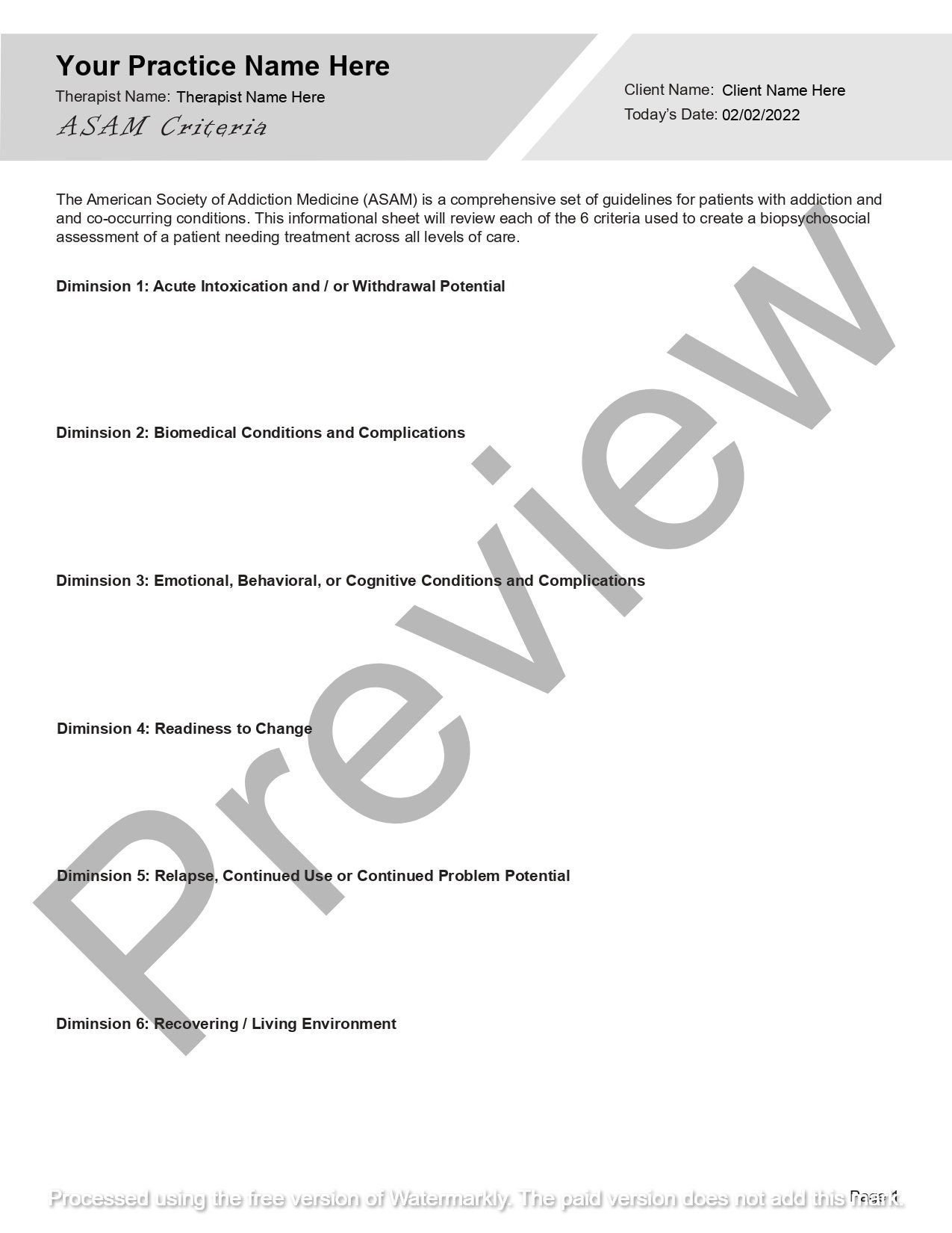 ASAM Criteria Worksheet | Editable / Fillable PDF Template | for ...
