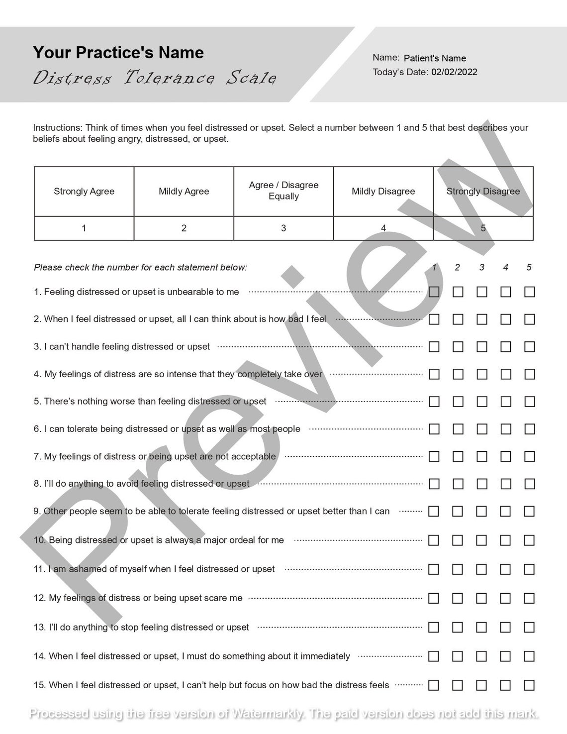 Distress Tolerance Scale | Editable / Fillable PDF Template | for ...