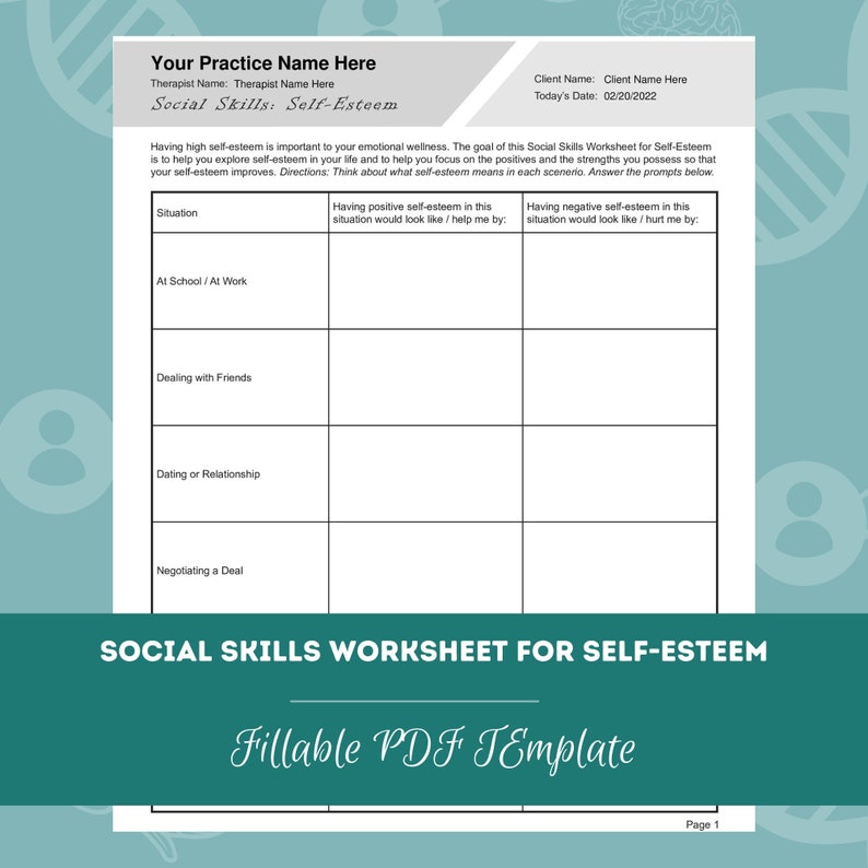 Social Skills Worksheets for Self-esteem Editable / Fillable PDF ...