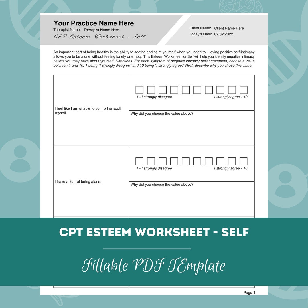 Cognitive Processing Therapy (CPT) Esteem Worksheet for Self | Editable ...