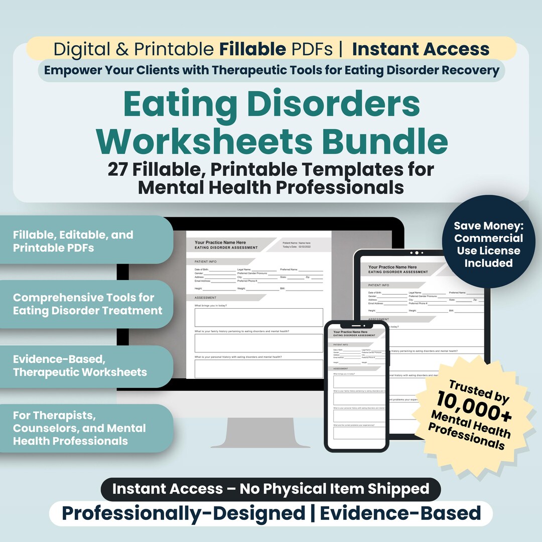 Eating Disorders Worksheets Bundle, 27 Fillable/printable PDF Templates ...