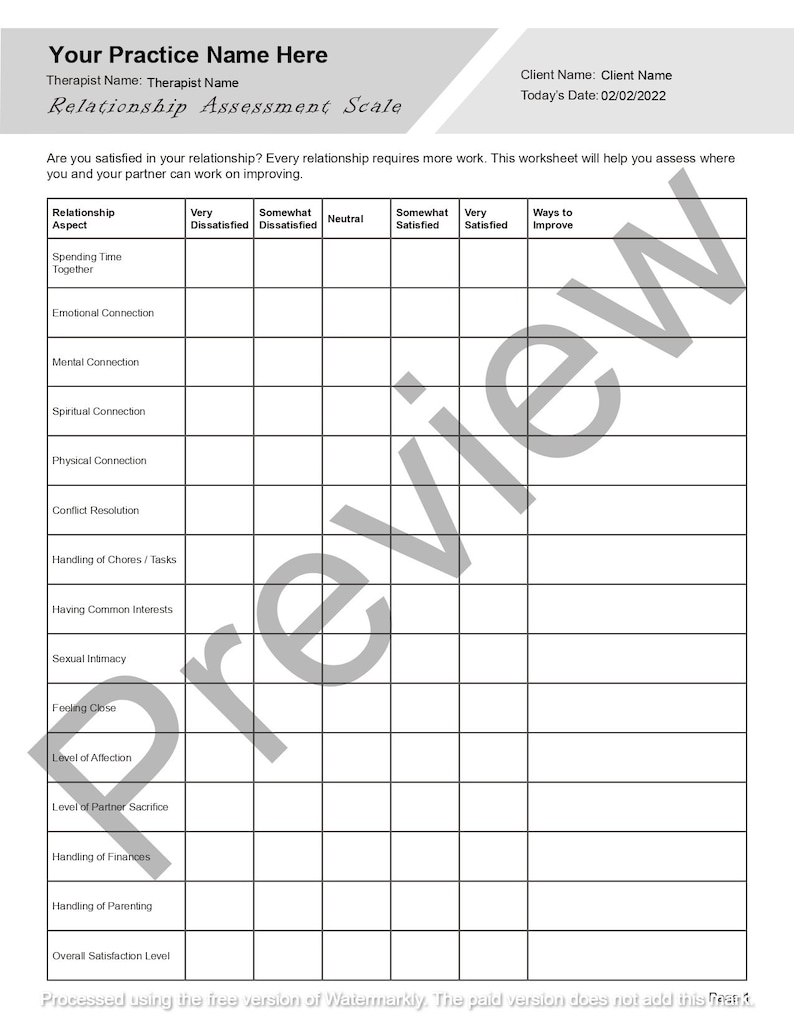 Relationship Assessment Scale | Editable / Fillable PDF Template | for Counselors, Psychologists ...