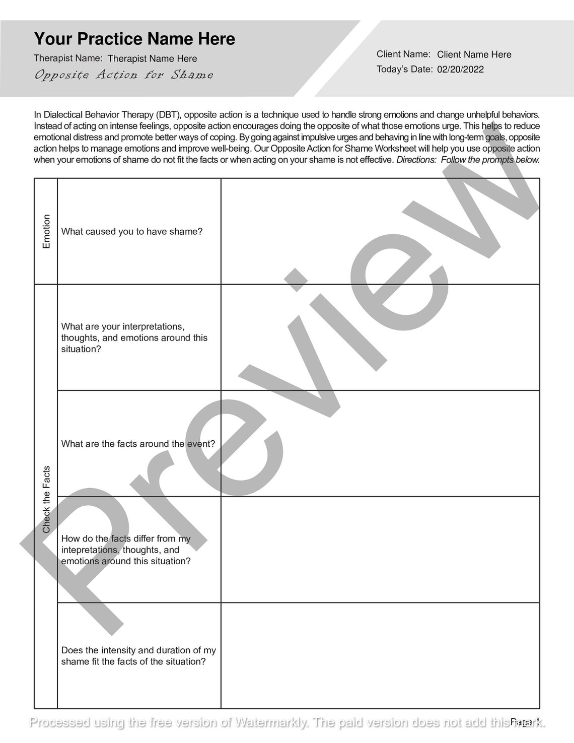 Opposite Action for Shame Worksheet | Editable / Fillable / Printable ...