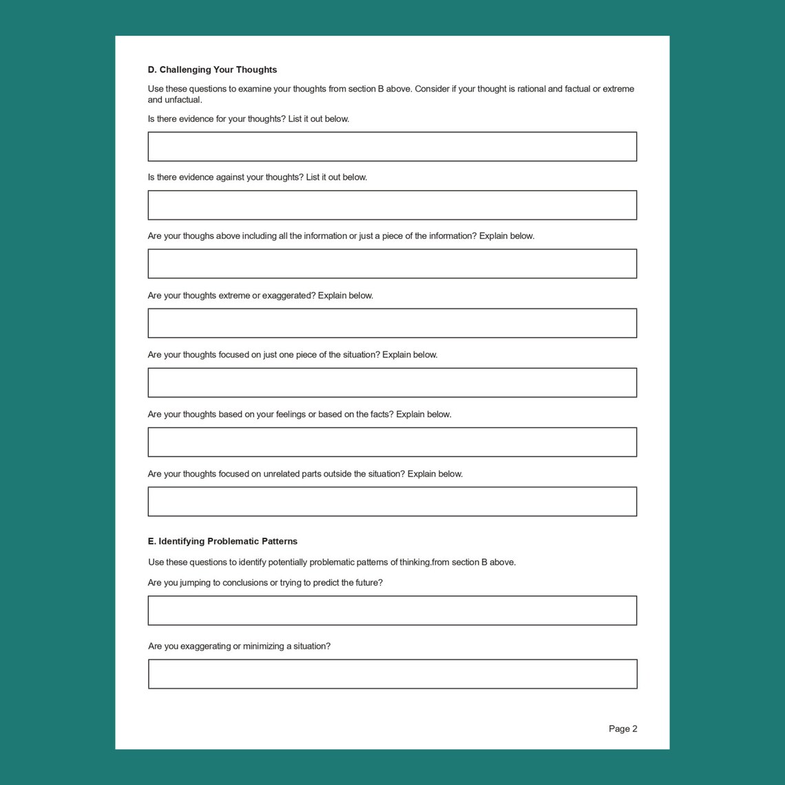 CBT: Challenging Negative Thoughts Worksheet Editable / Fillable PDF ...