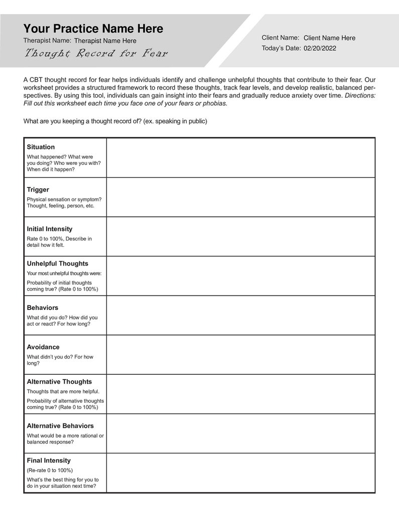 Thought Record for Fear Worksheet | Editable / Fillable PDF | for ...