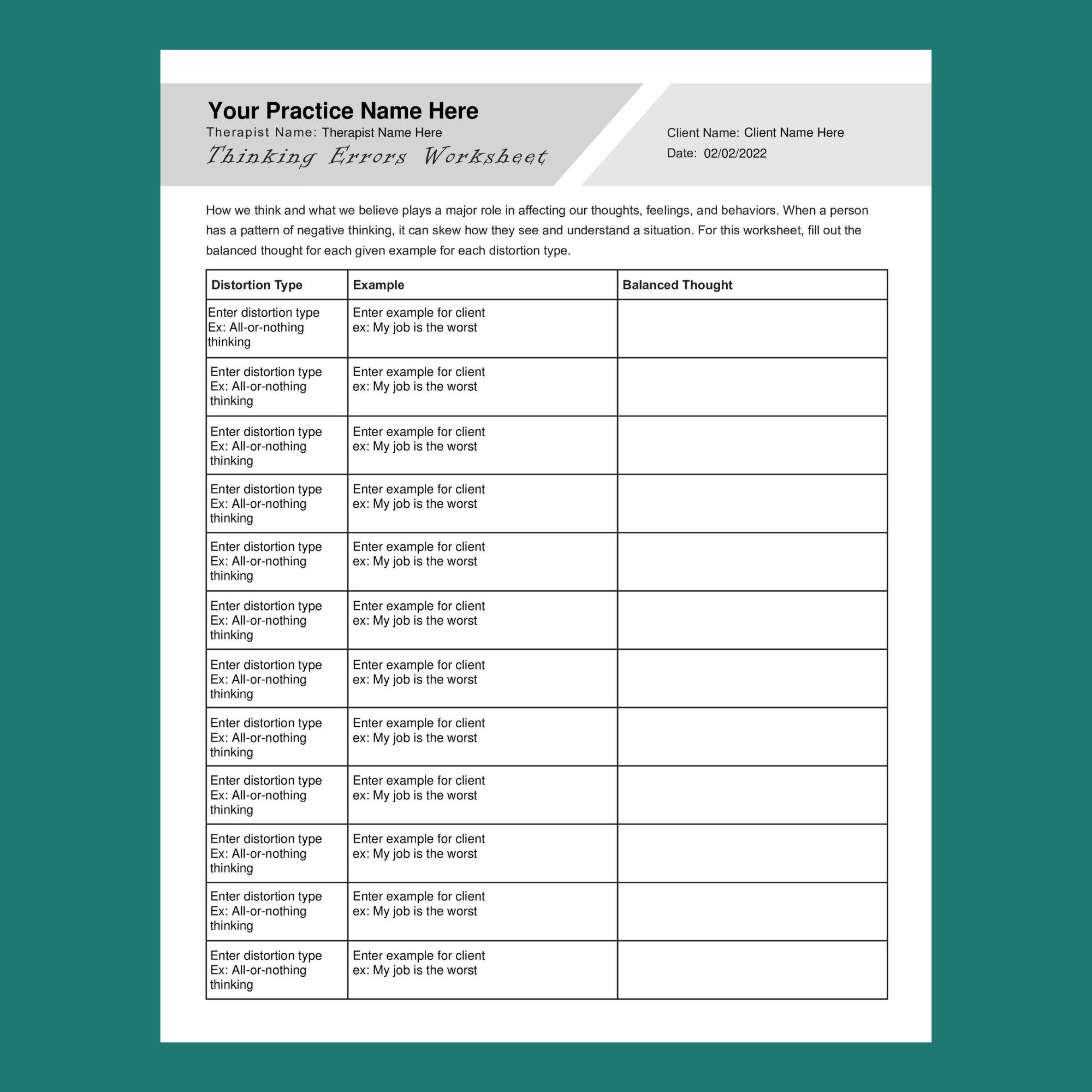 CBT: Thinking Errors Worksheet | Editable / Fillable PDF | for ...
